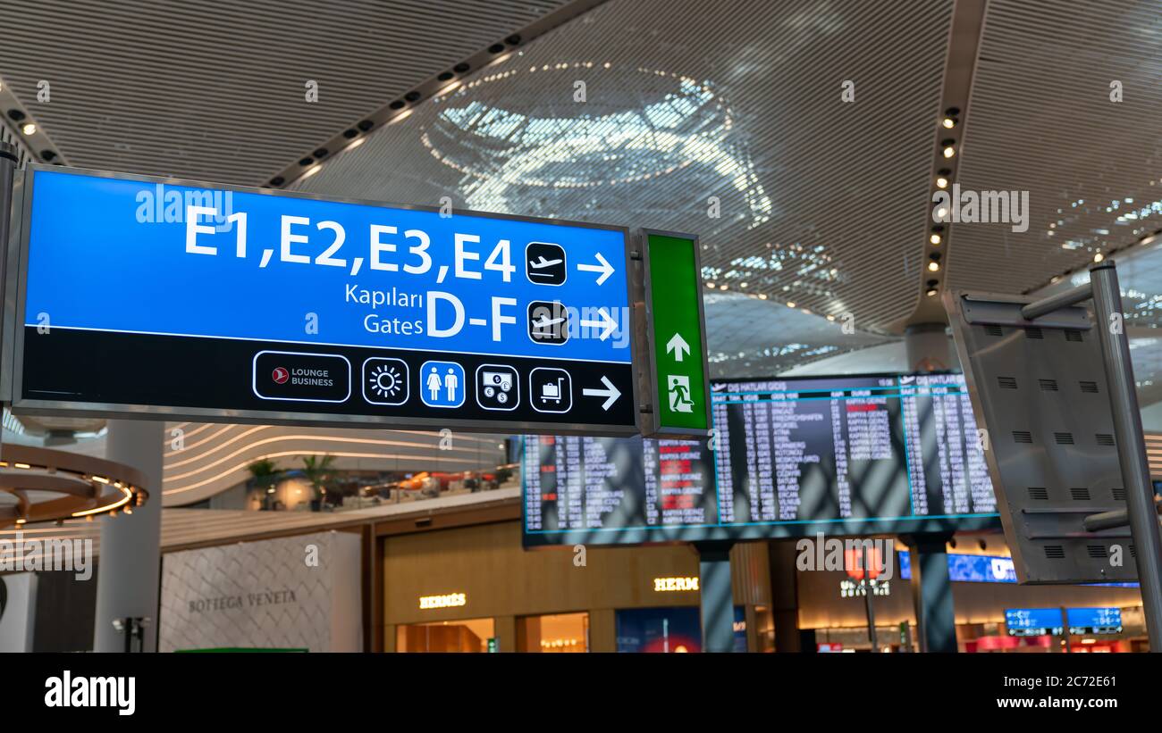 Istanbul, Turkey - July 2019: Interior scene with a signage showing the ...