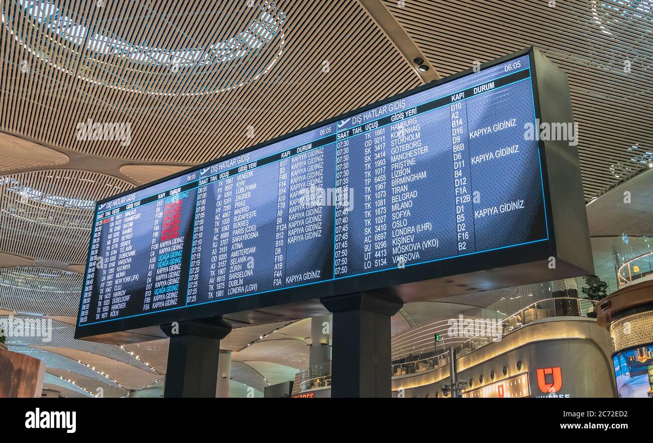 Istanbul, Turkey - May 2019: Flight information display in new Istanbul ...