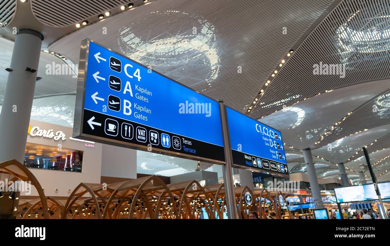Istanbul, Turkey - July 2019: Interior scene with a signage showing the ...