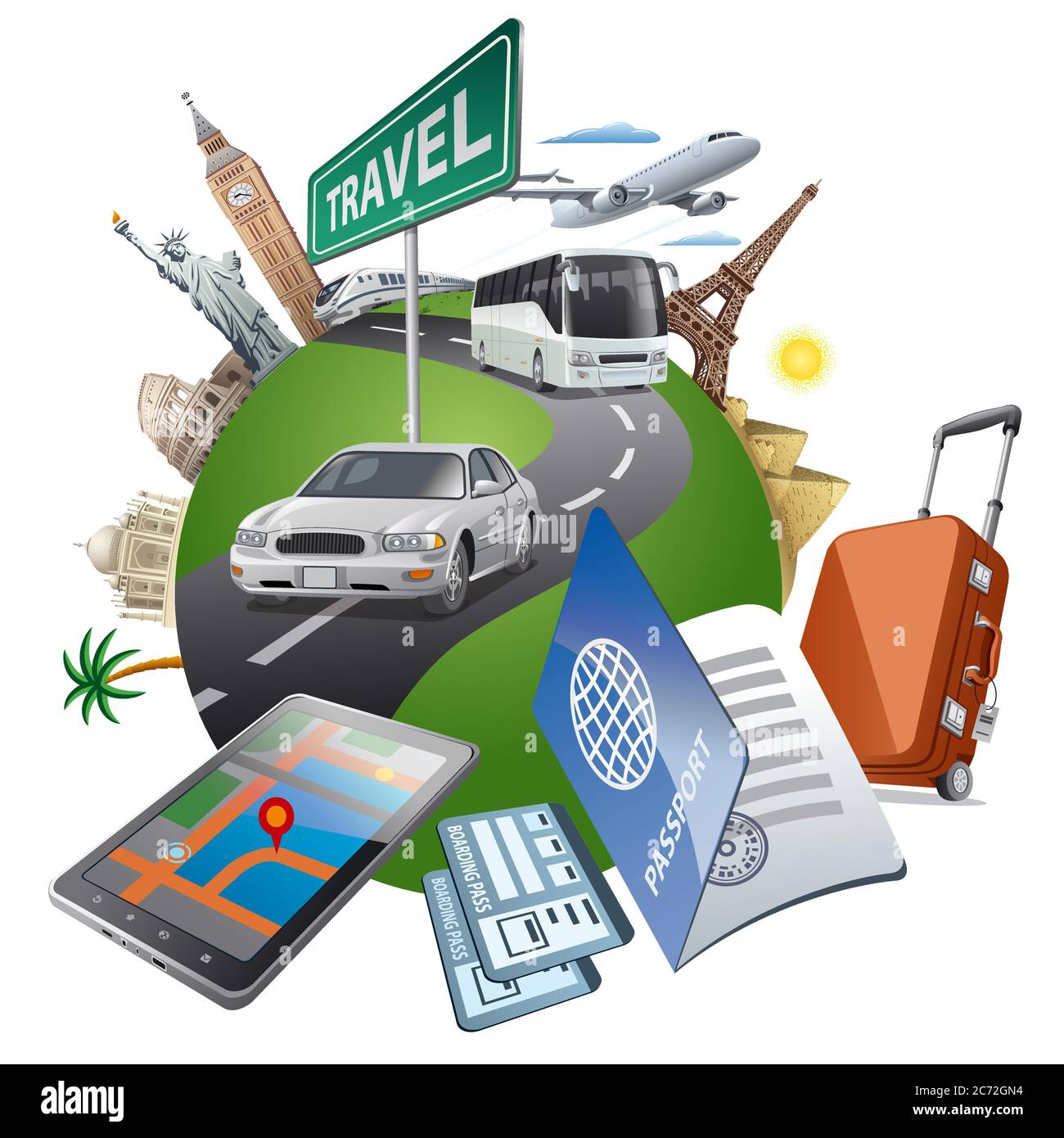 concept illustration of travel around the world famous landmarks by the ...