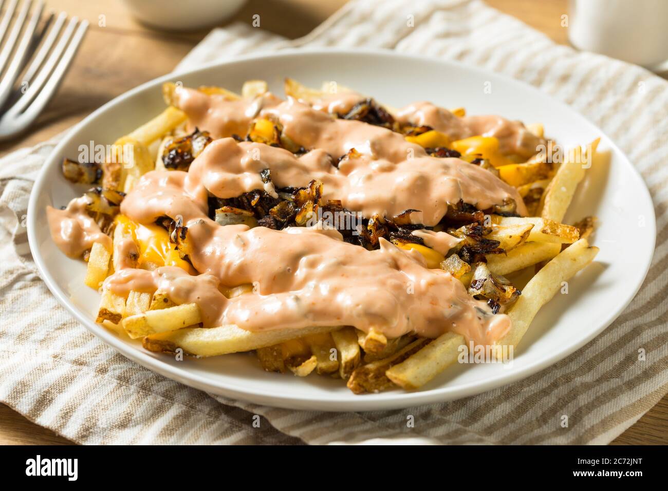 Homemade Fried Animal Cheese French Fries with Onions and Dressing ...