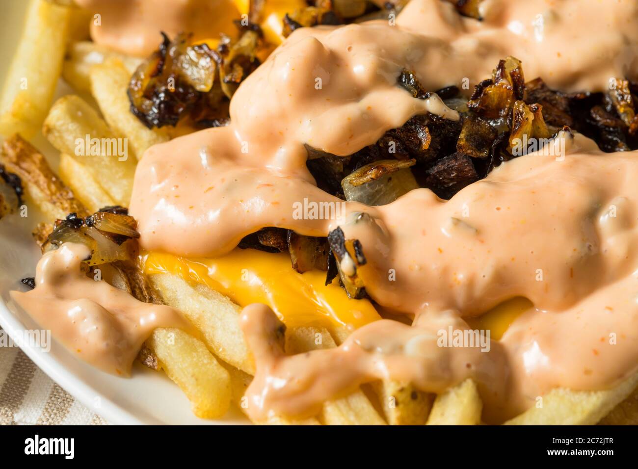Homemade Fried Animal Cheese French Fries with Onions and Dressing ...