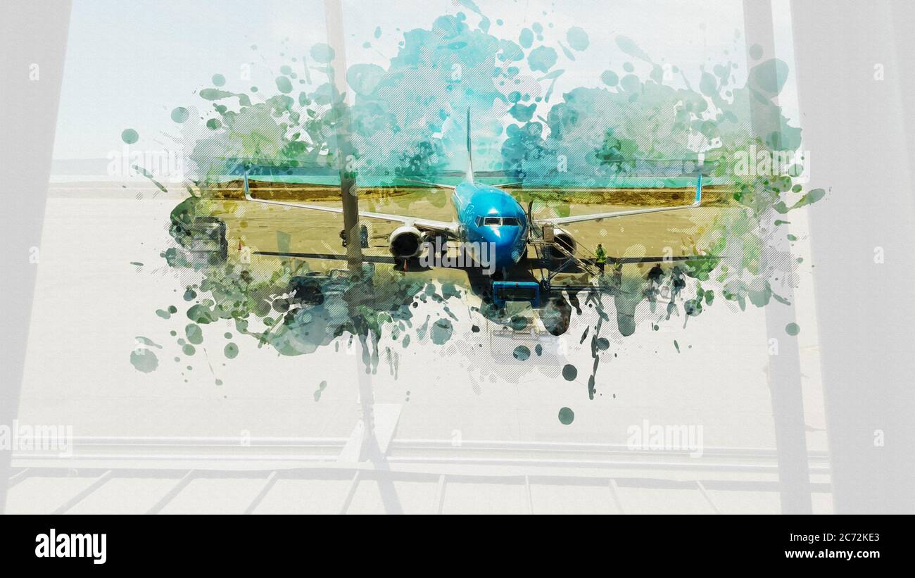 Watercolor illustration of a landscape with a blue airplane. Artistic ...