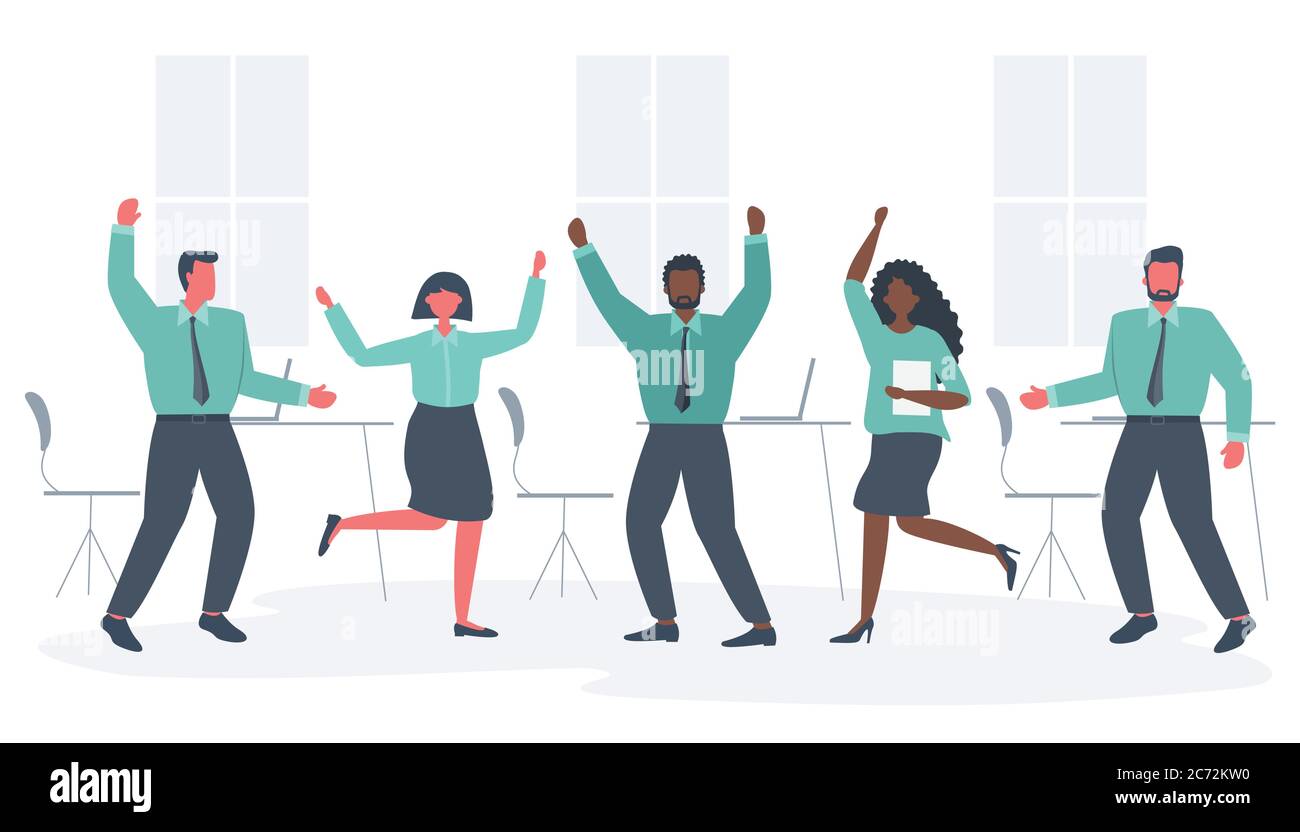 Office workers are celebrating the victory. Happy employees are dancing ...
