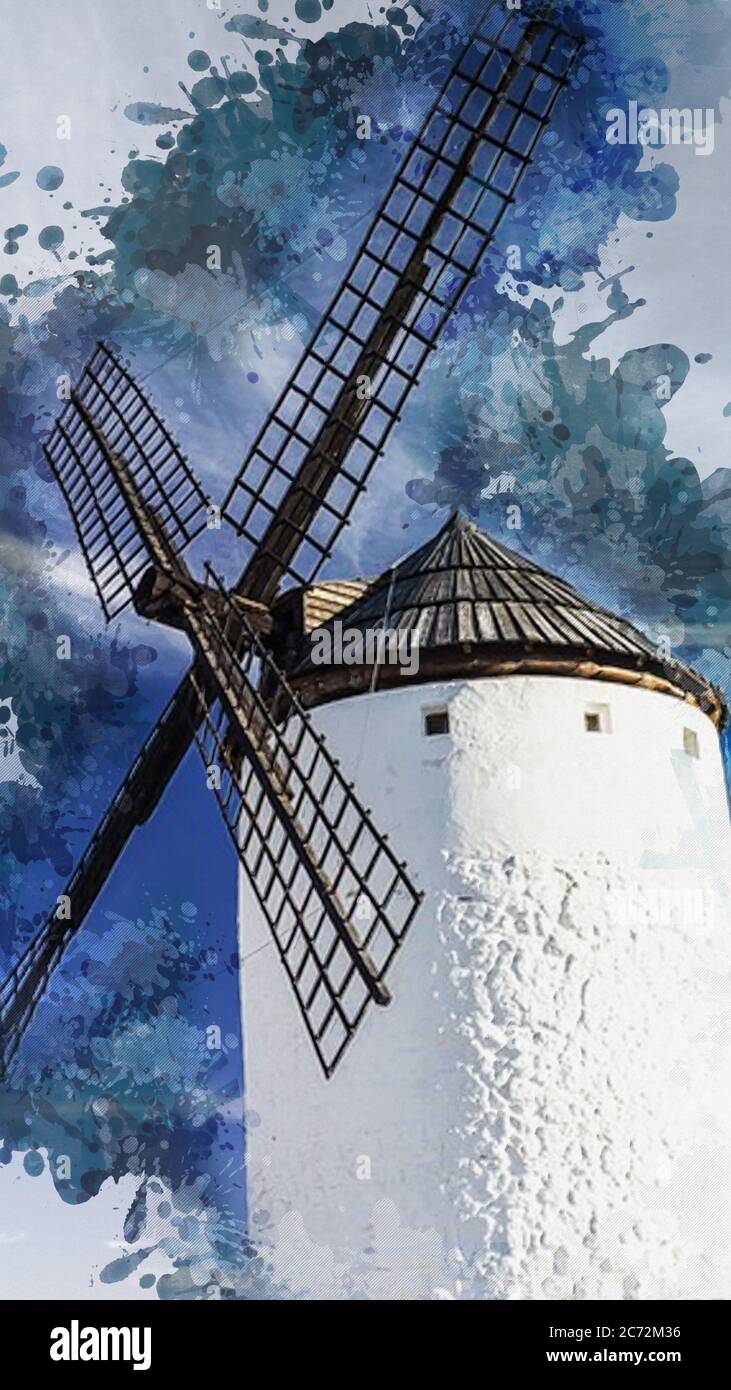 Watercolor illustration of a close up windmill. Artistic wallpaper ...