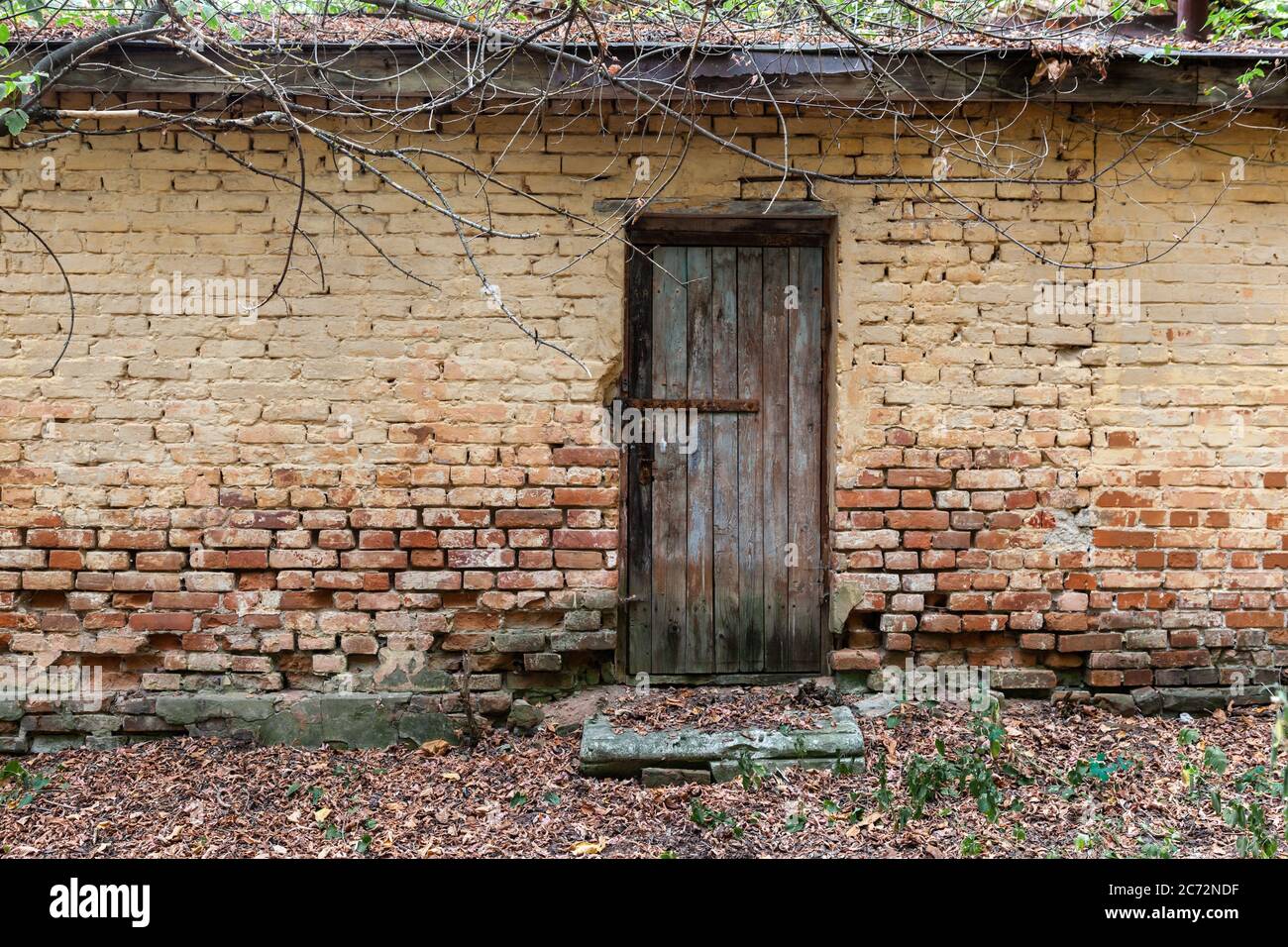 Closeup of old building with wooden door and brick wall Stock Photo - Alamy