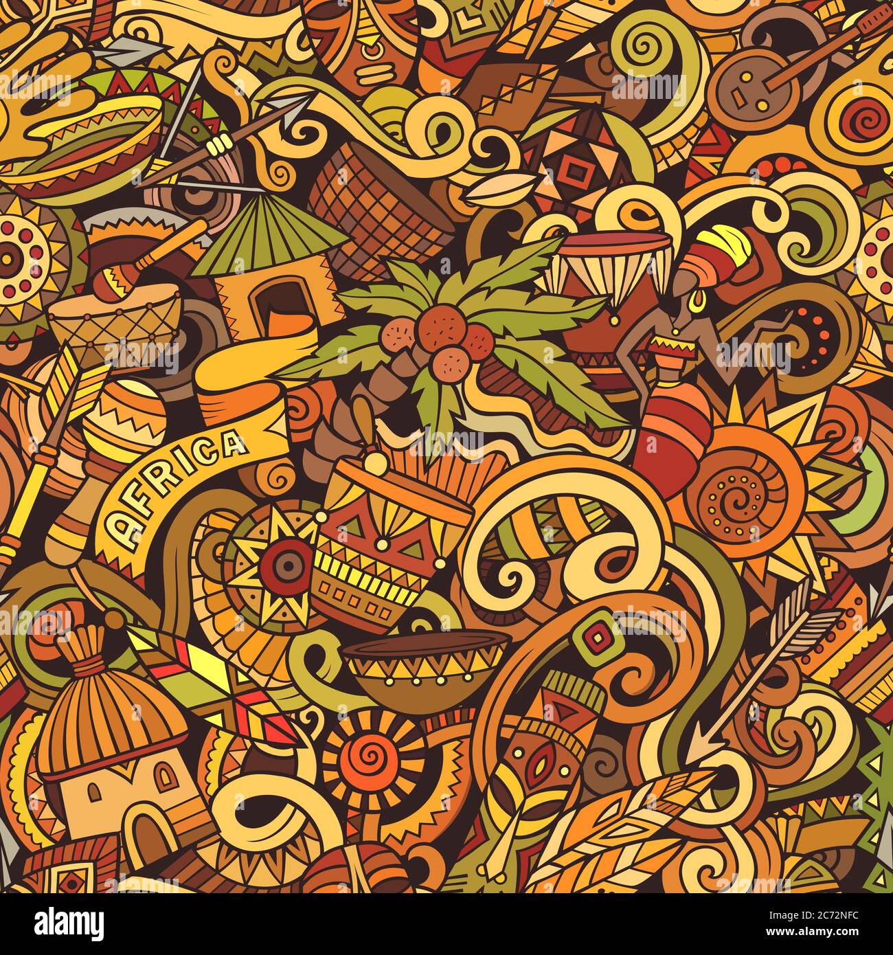 Cartoon cute doodles hand drawn Africa seamless pattern Stock Vector ...