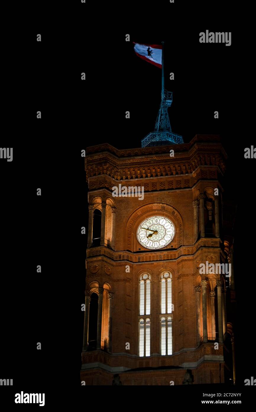 Famous landmark and architecture clock tower, red tower in Berlin ...