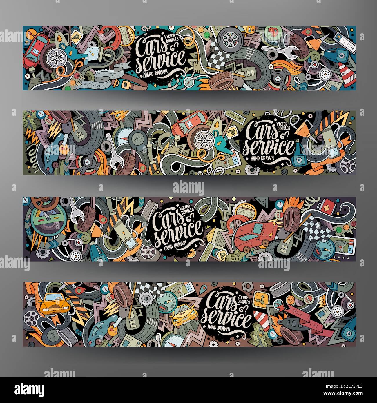 Cartoon vector hand drawn doodles Aautomobile horizontal banners Stock ...