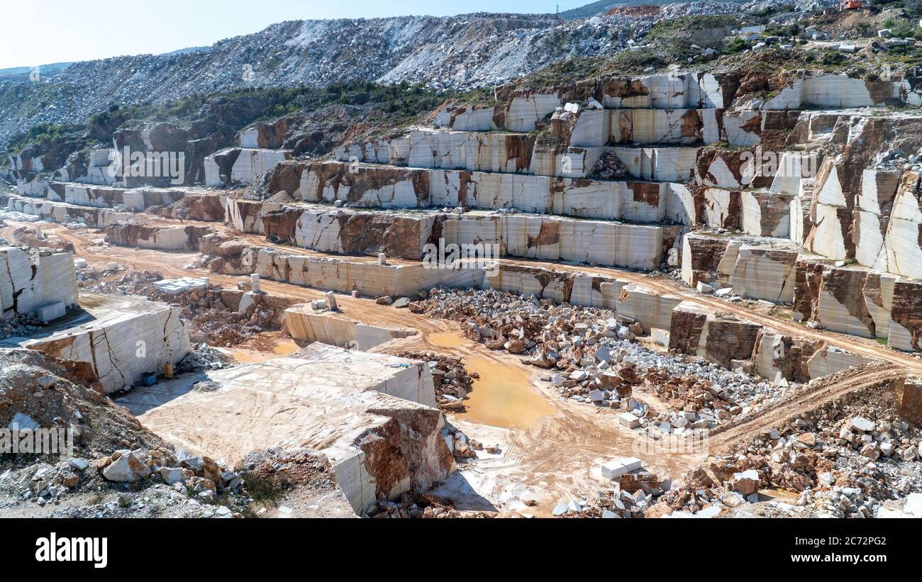 Panoramic view of marble quarry pit full of rocks and blocks in Marmara ...