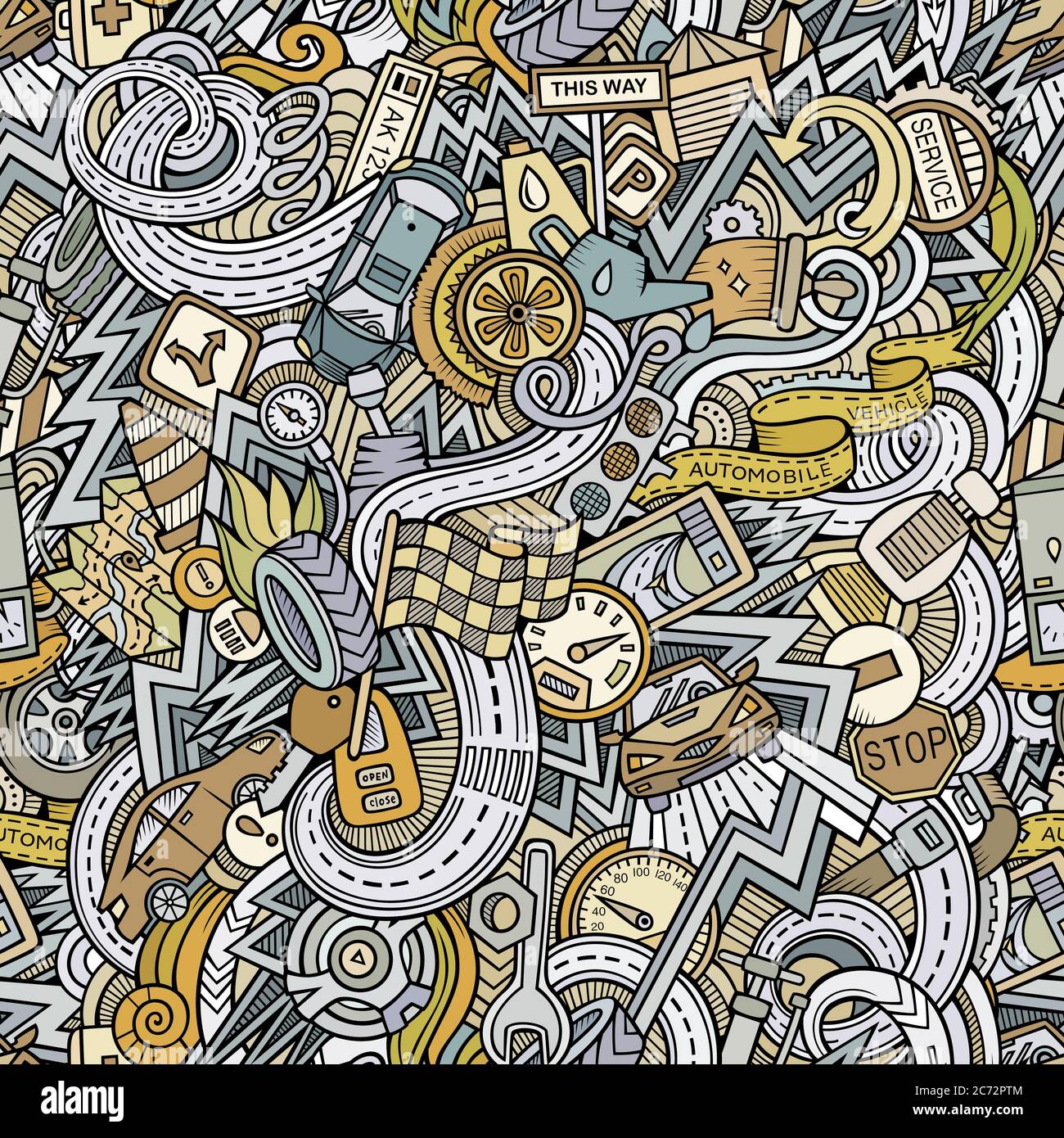Cartoon hand-drawn doodles car style theme seamless patern Stock Vector ...