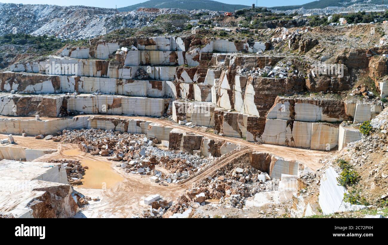 Marble quarry pit full of rocks and blocks in Marmara island, Balikesir ...