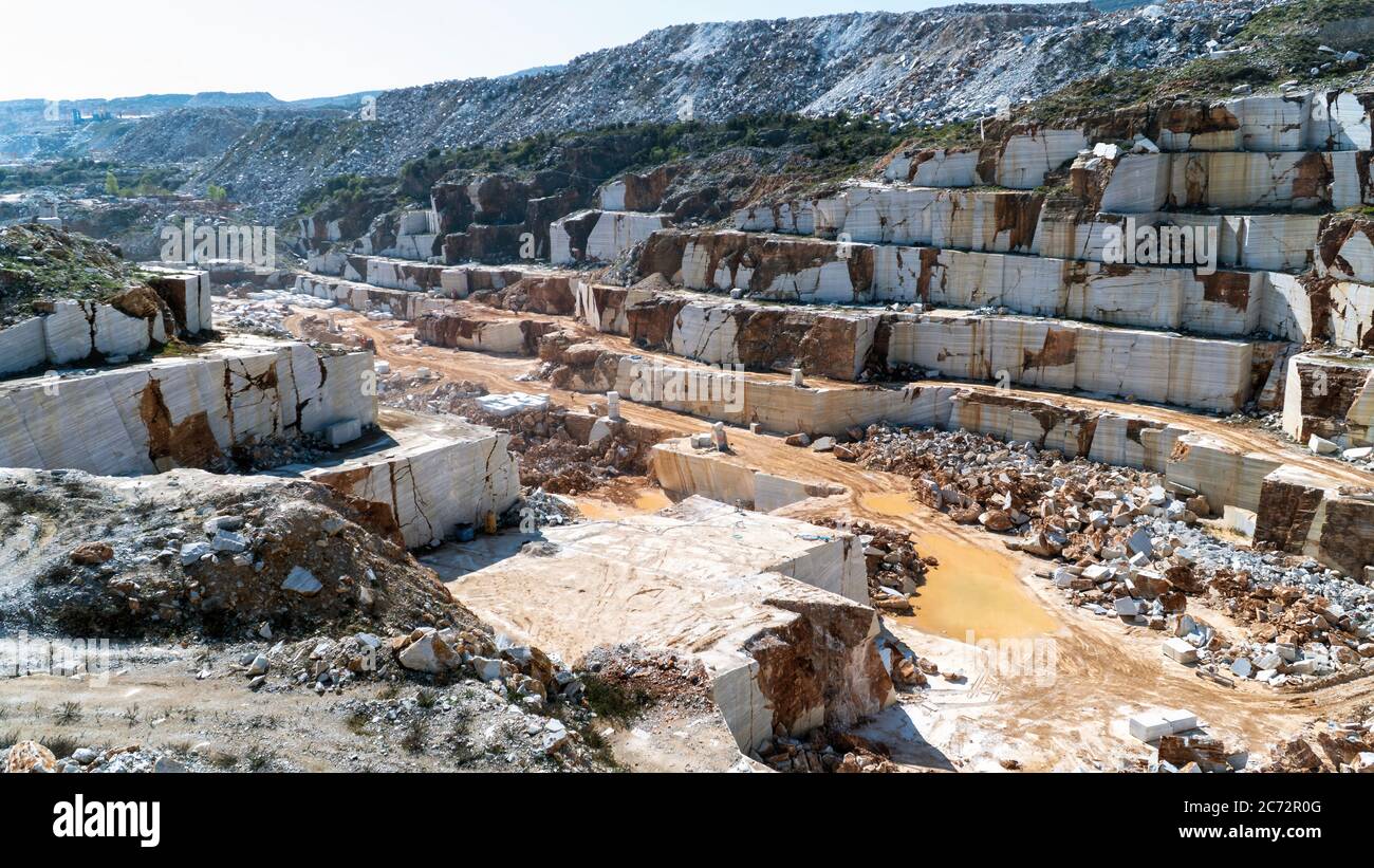 Marble quarry pit full of rocks and blocks in Marmara island, Balikesir ...