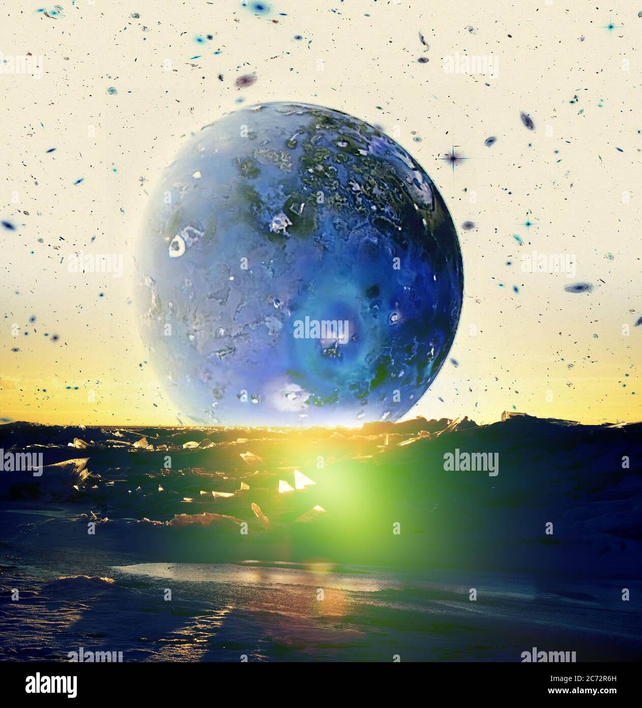 North fantasy, Sphere (orb) over polar ice, Arctic ocean. Neptune ...