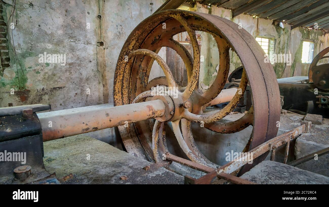 Rusty equipment in an abandoned old marble quarry factory in Marmara ...