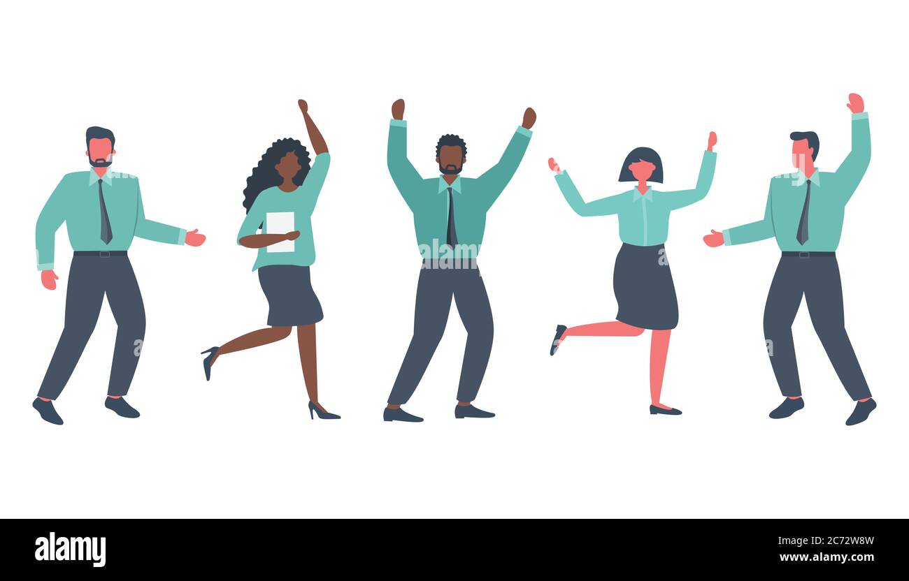 Office workers are celebrating the victory. Happy employees are dancing ...