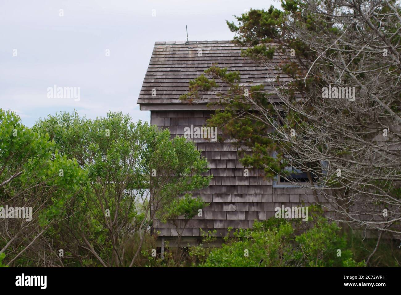 Weathered wooden shack with shingles near old ferry landing at ...