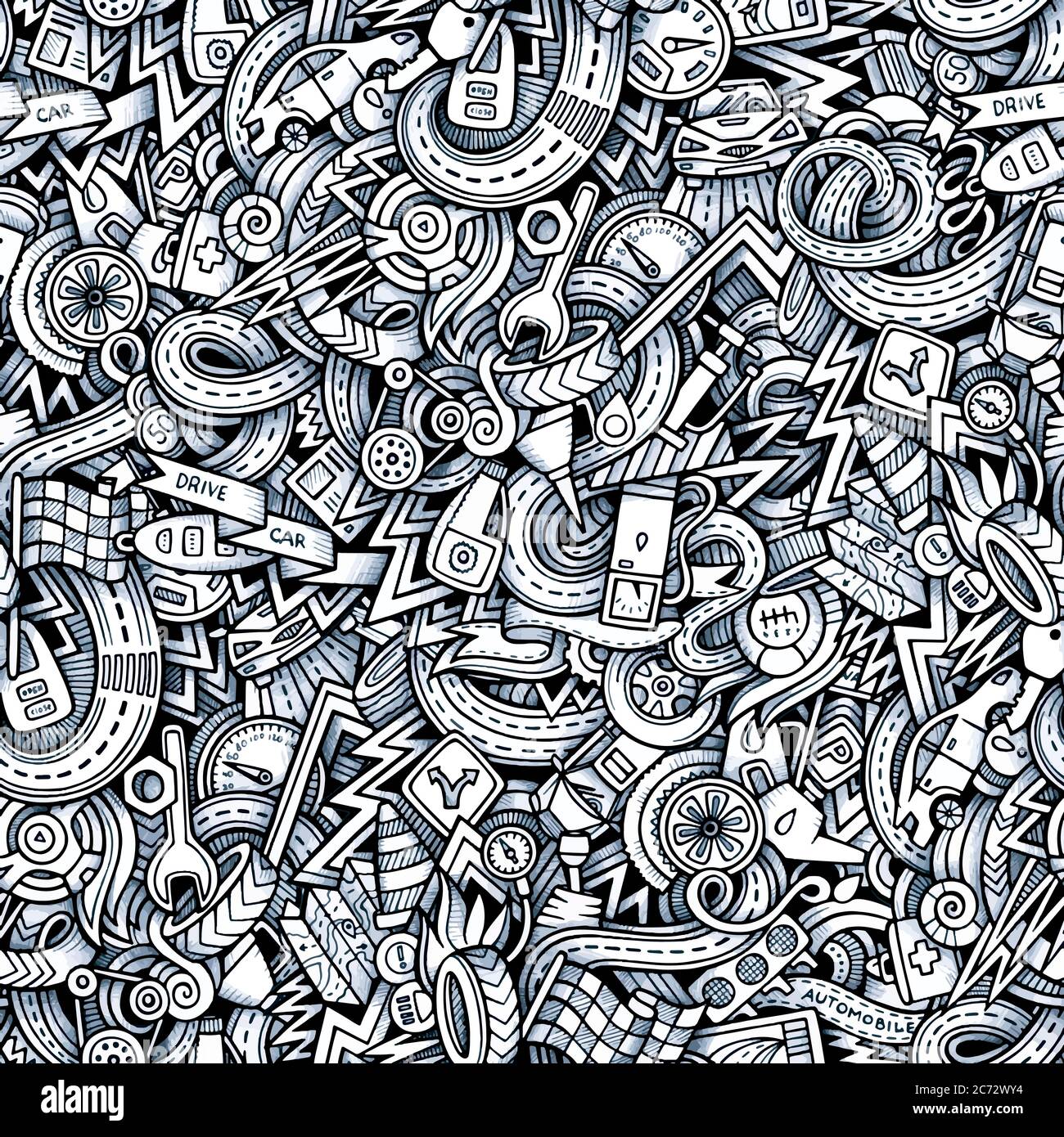 Cartoon hand-drawn doodles car style theme seamless patern Stock Vector ...