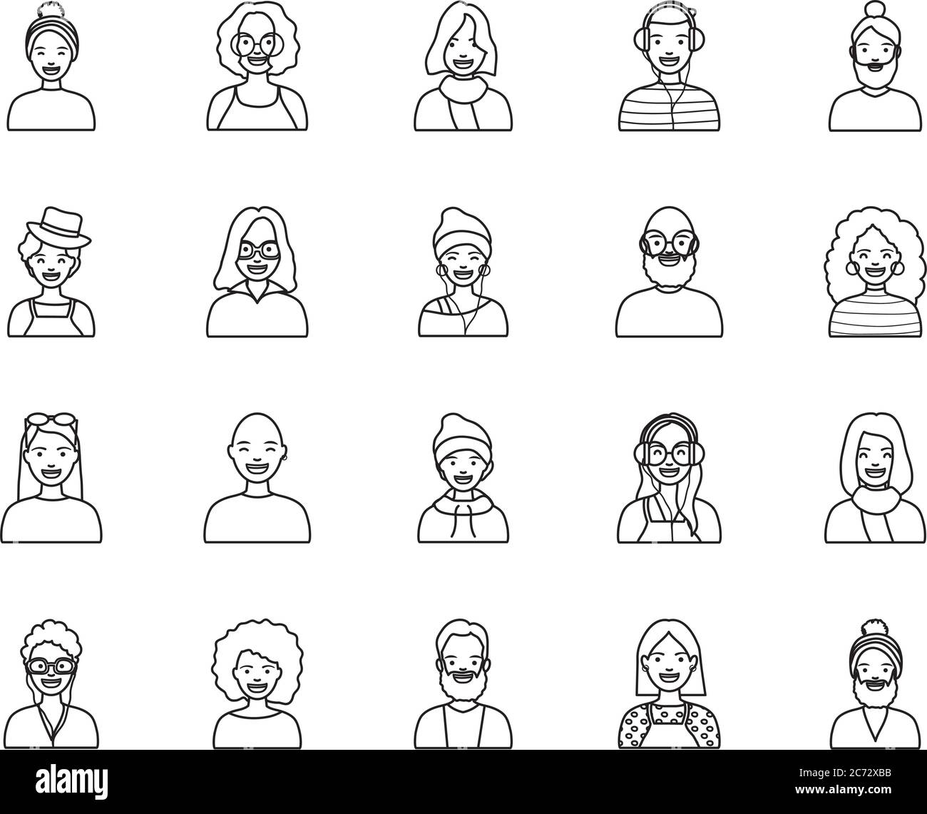 cartoon women and diversity people icon set over white background, line ...