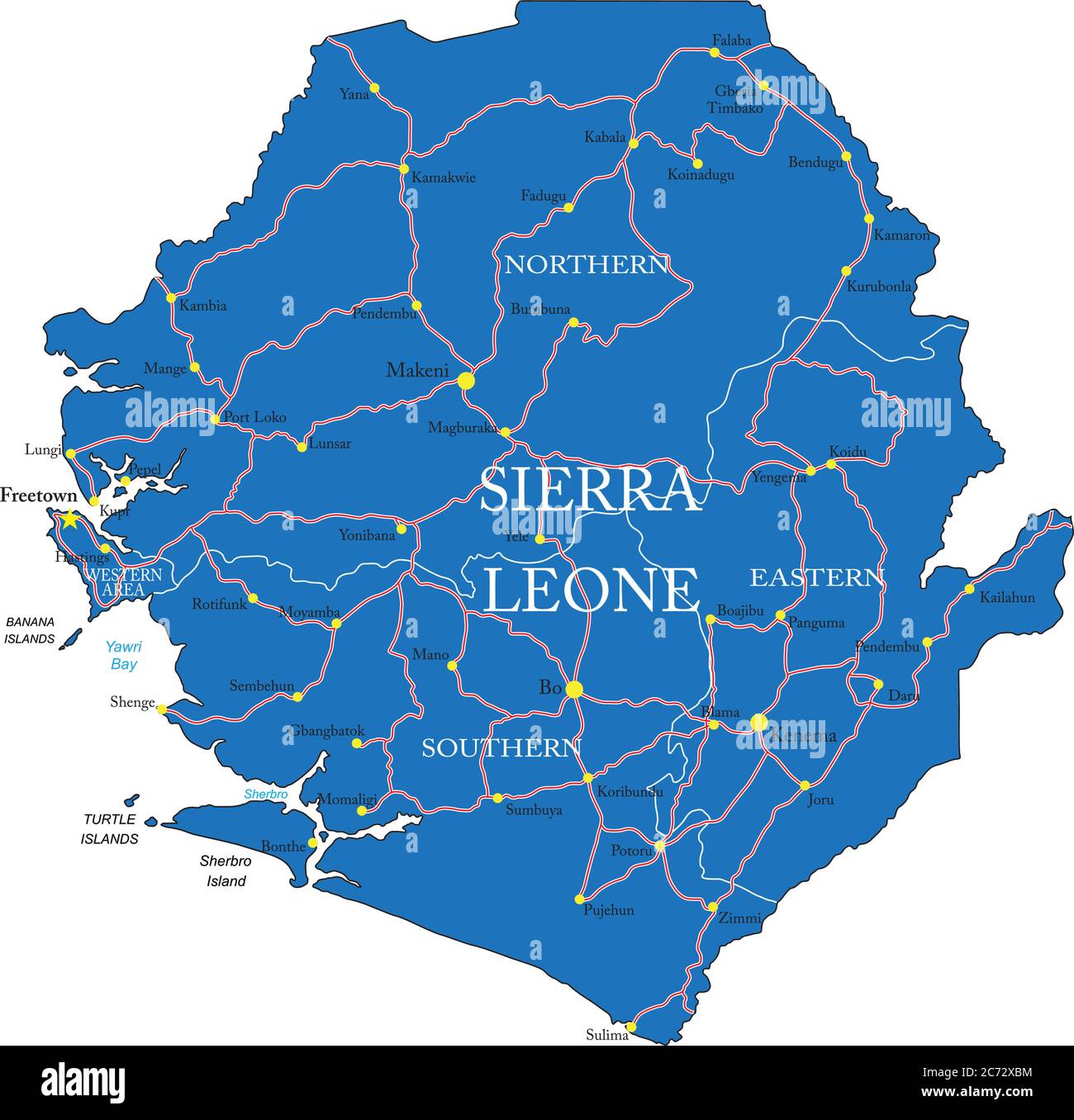 Highly detailed vector map of Sierra Leone with administrative regions ...