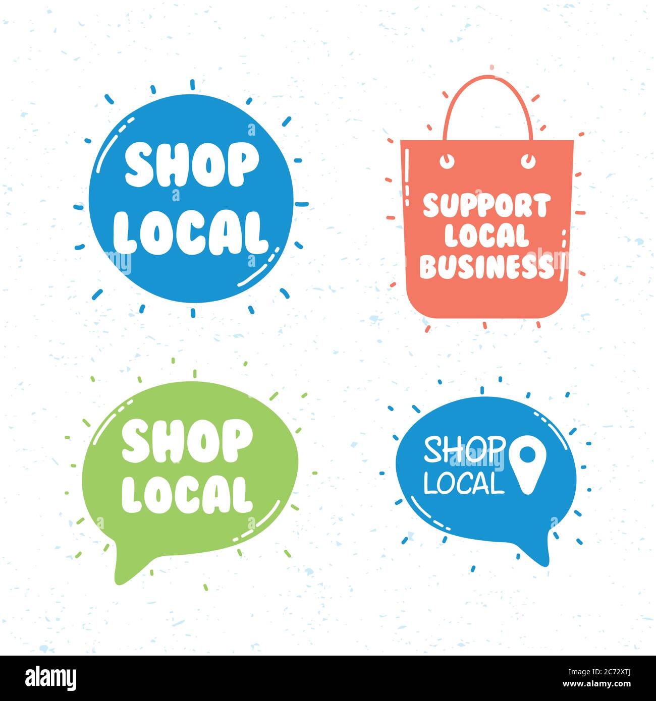 local shop campaign with letterings in speech bubbles and shopping bag ...