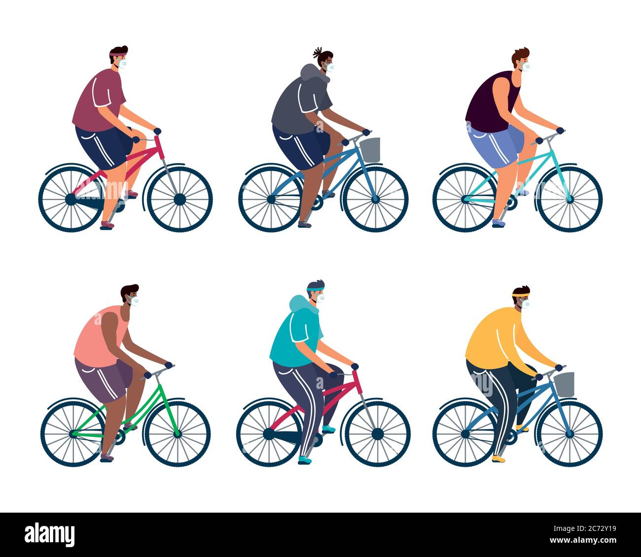 young people riding bicycle wearing medical masks vector illustration ...