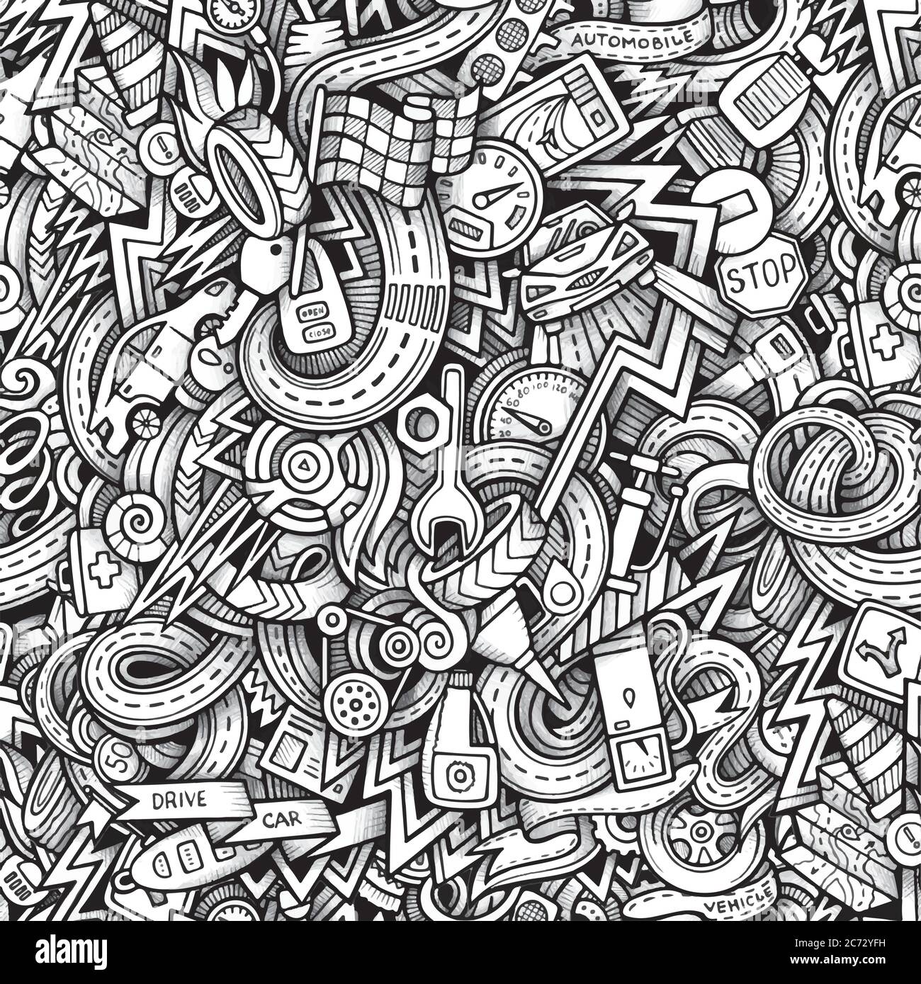 Cartoon hand-drawn doodles car style theme seamless patern Stock Vector ...