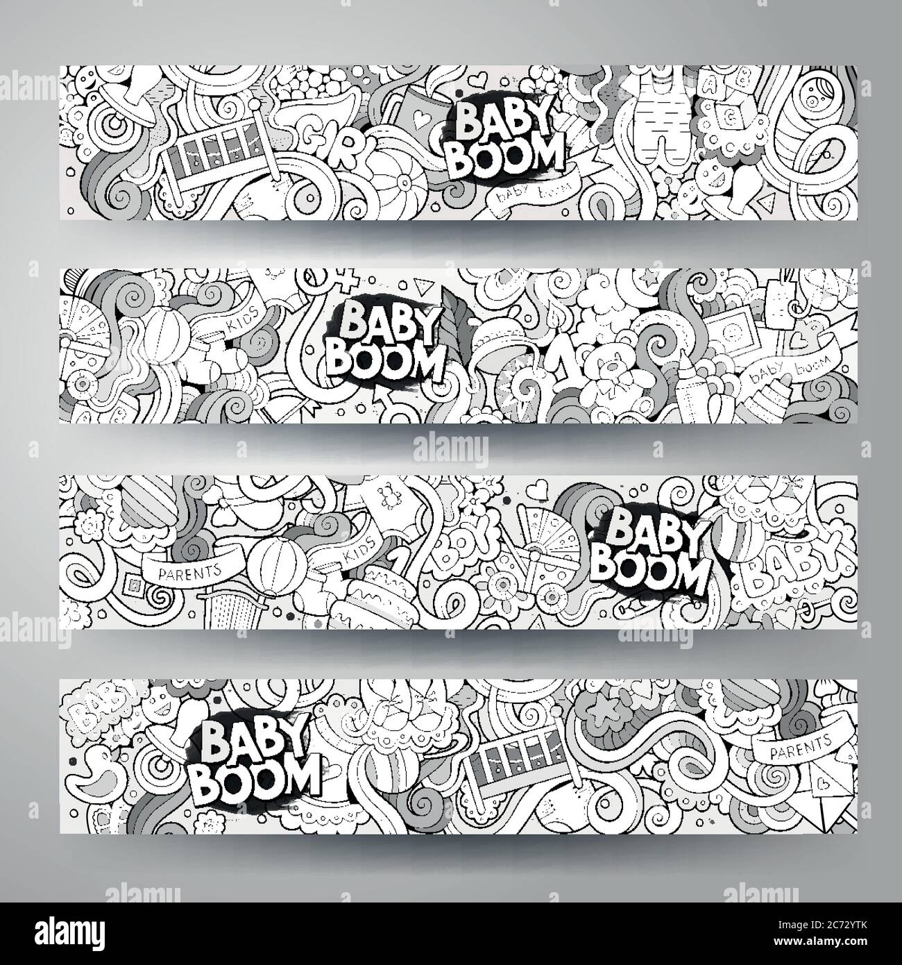 Cartoon vector hand-drawn sketchy baby boom doodles banners Stock ...