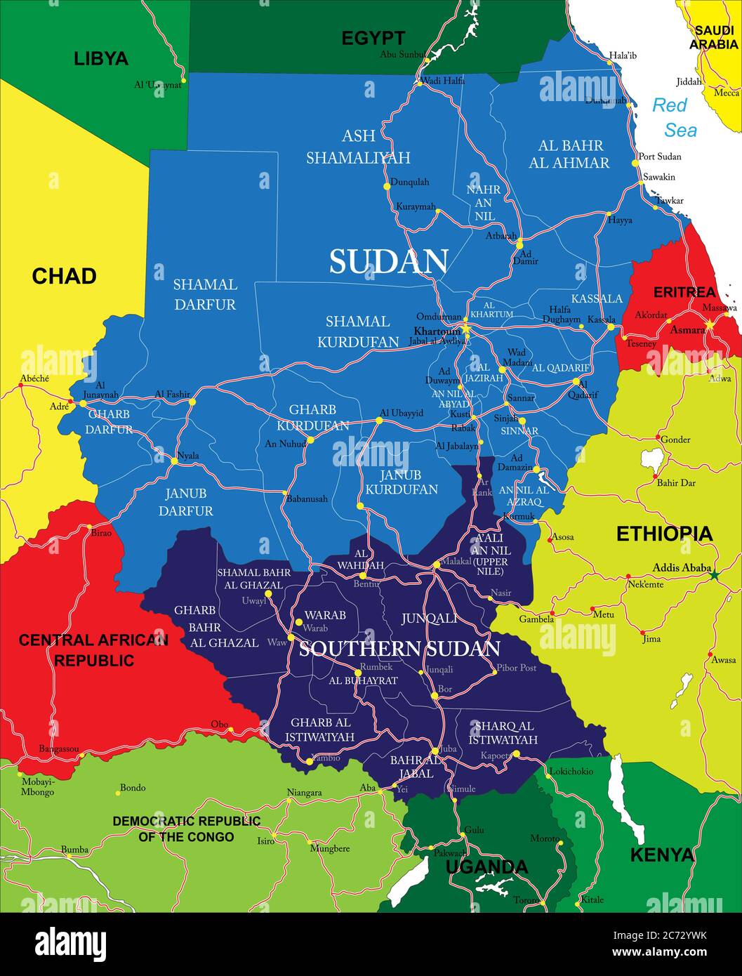 Highly detailed vector map of Sudan with administrative regions, main ...