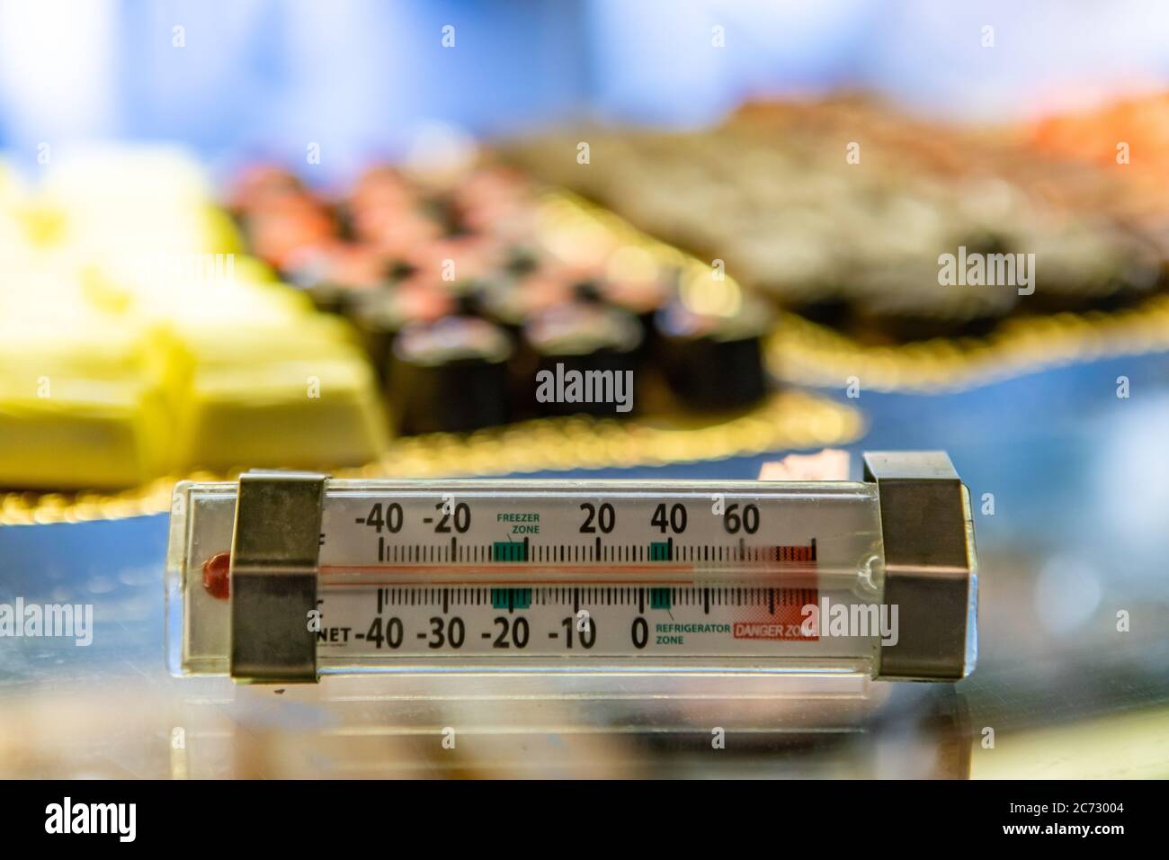 selective focus view of Fahrenheit mercury thermometer on a patisserie ...
