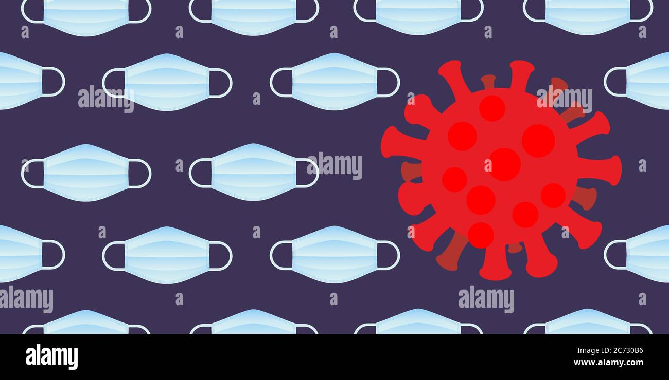 Virus or bacteria floating over tile pattern of earloop facemask ...