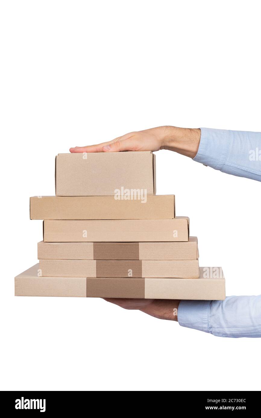 Lot of boxes in male hands isolated on white background. Delivery ...