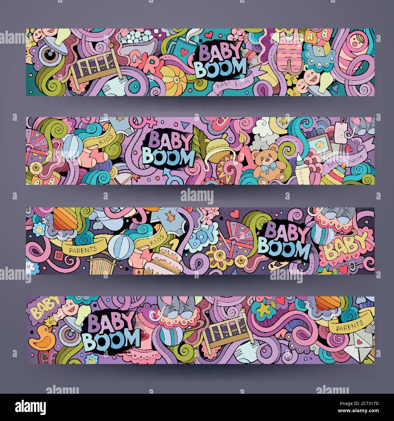 Cartoon vector hand-drawn baby boom doodles. Horizontal banners design ...