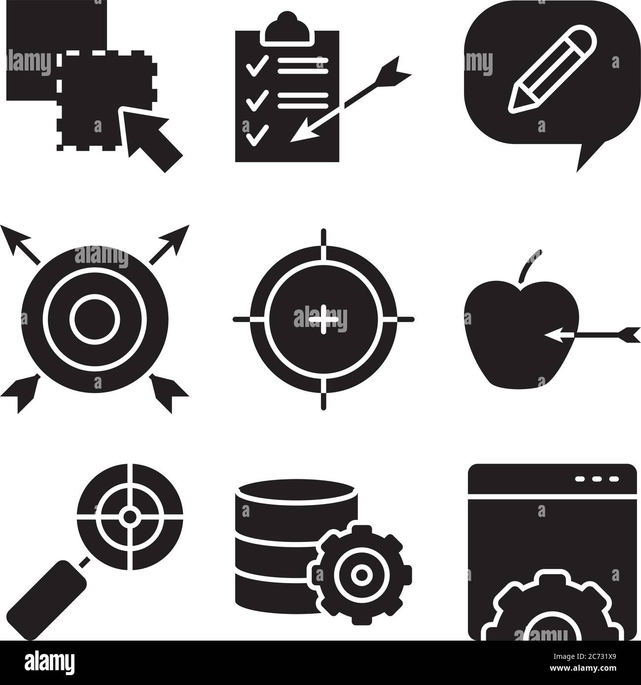 magnifying glass and target icon set over white background, silhouette ...
