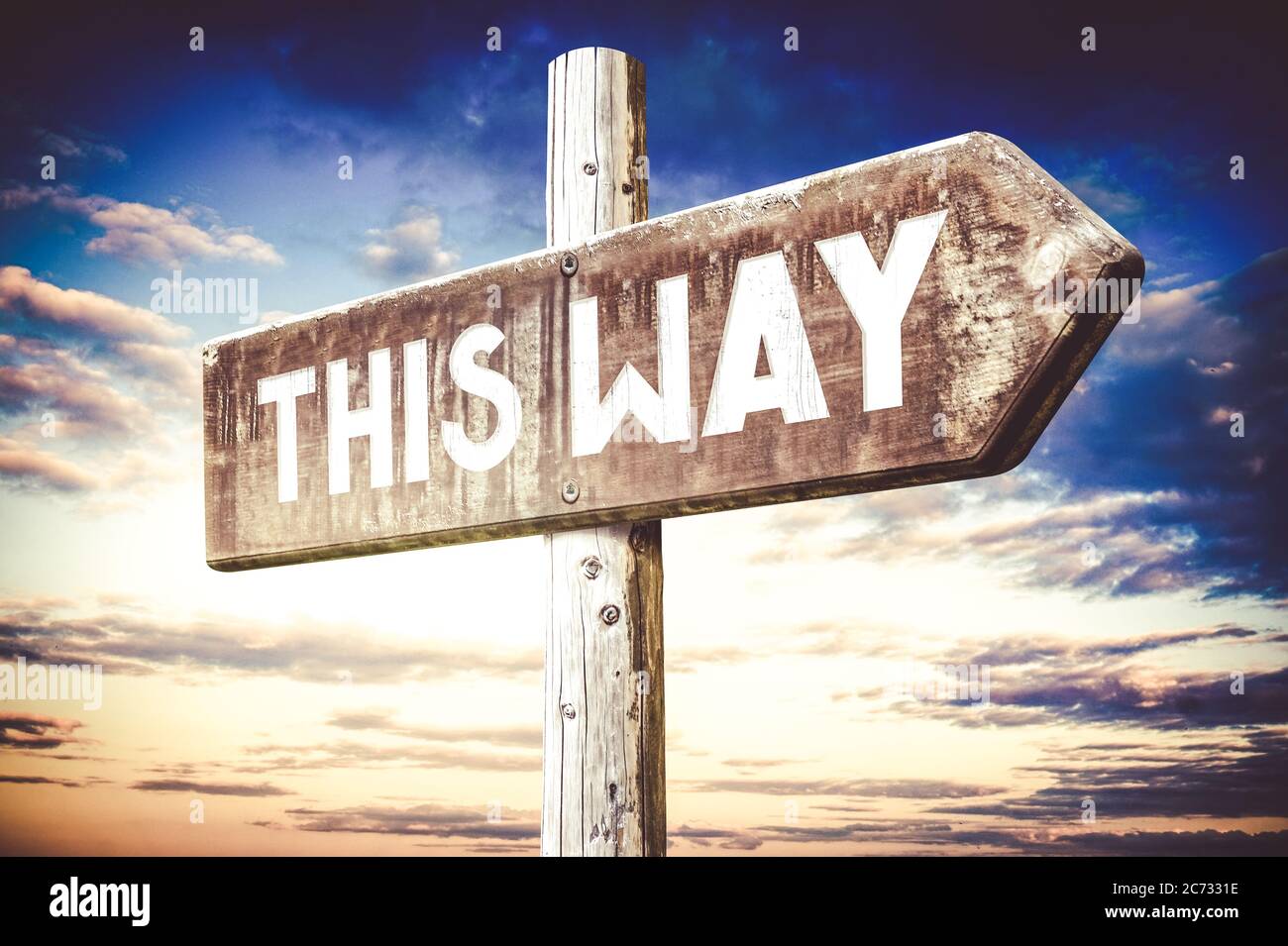 This way - wooden signpost, roadsign with one arrow Stock Photo - Alamy
