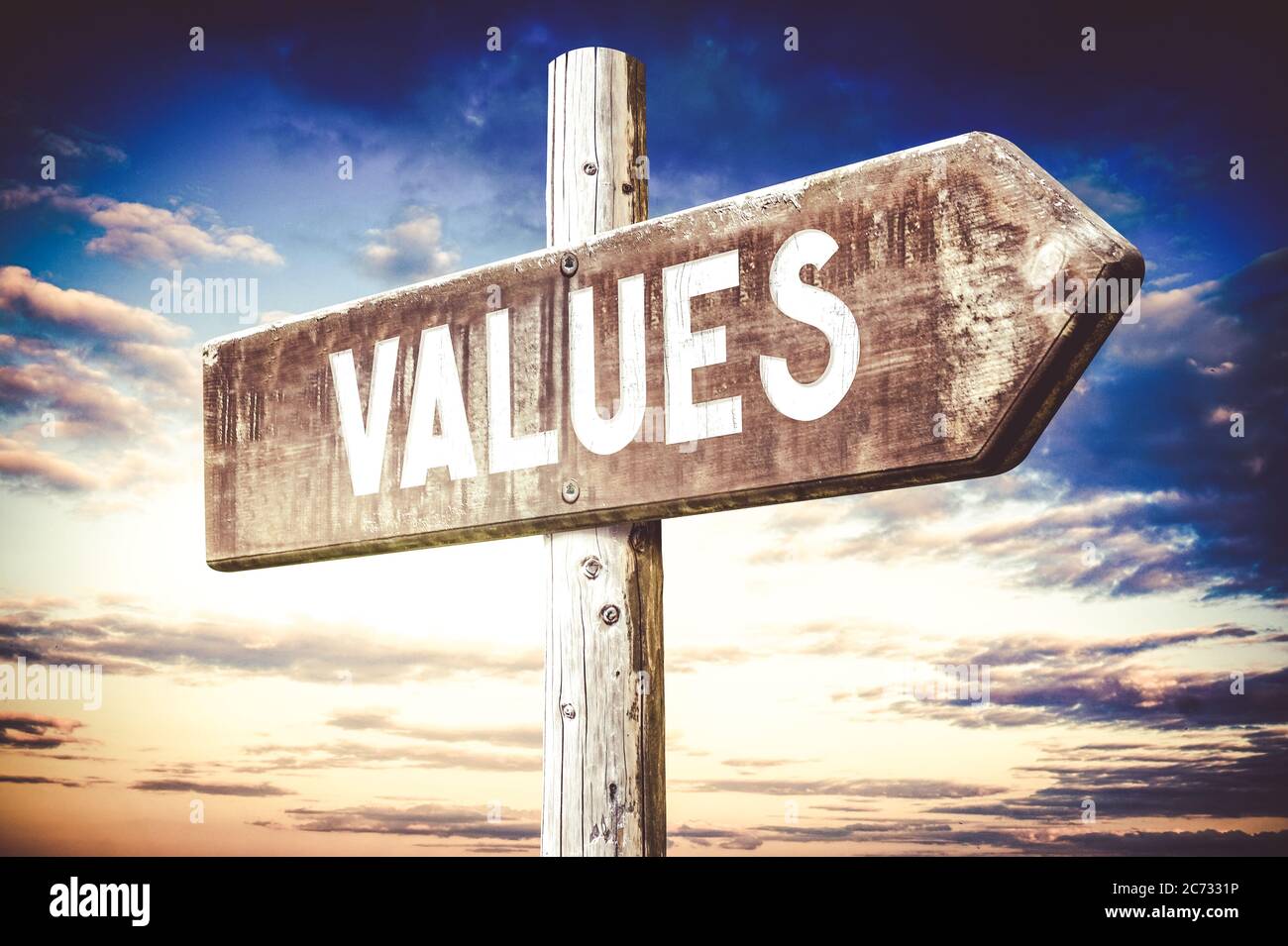 Values - wooden signpost, roadsign with one arrow Stock Photo - Alamy