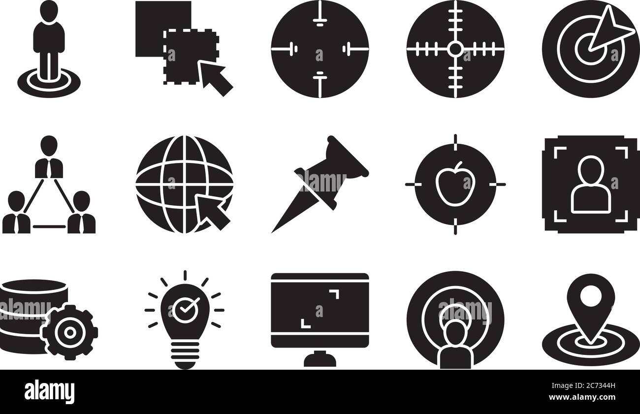 light bulb and target icon set over white background, silhouette style ...