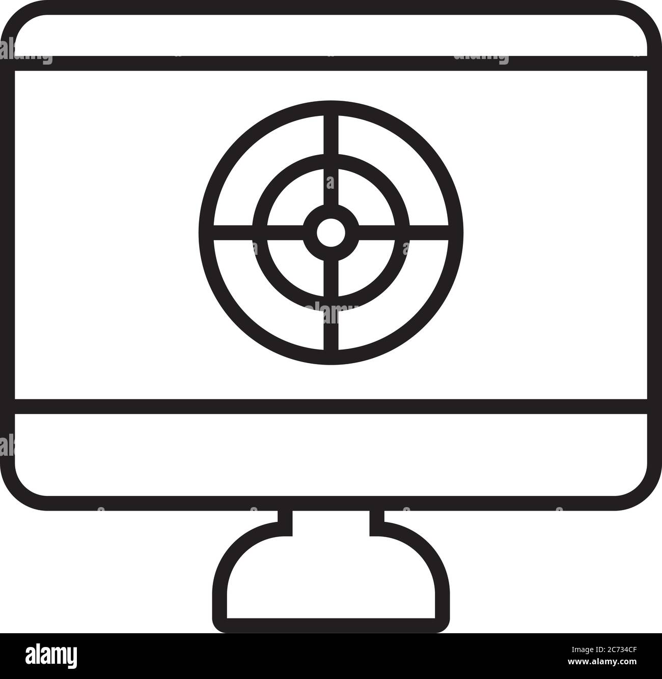 computer with target icon on screen over white background, line style ...