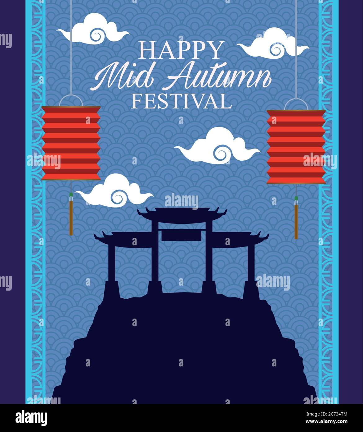 happy mid autumn festival card with lanterns hanging and chinese archs ...