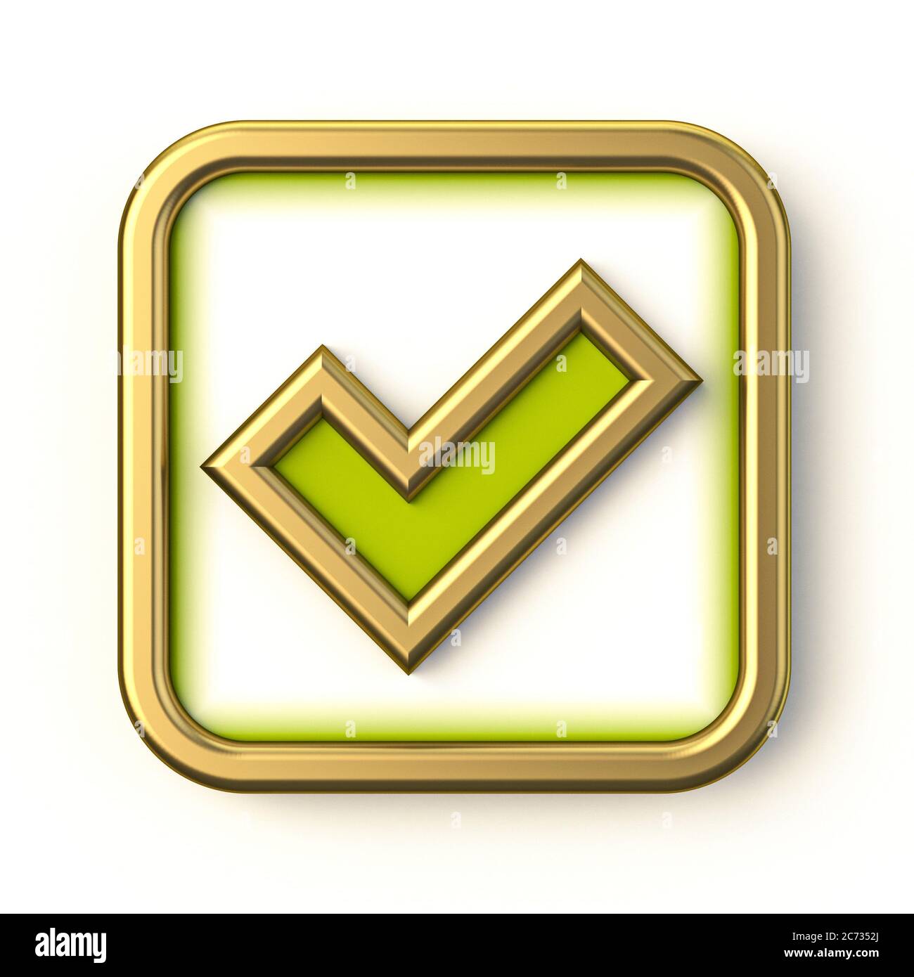 Golden green square check mark 3D render illustration isolated on white ...