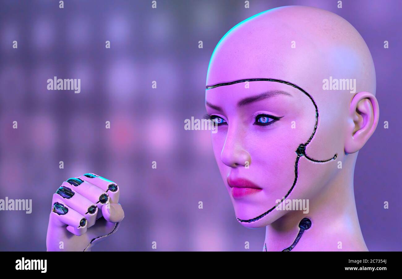 Female robot face and hand - 3d rendering Stock Photo - Alamy