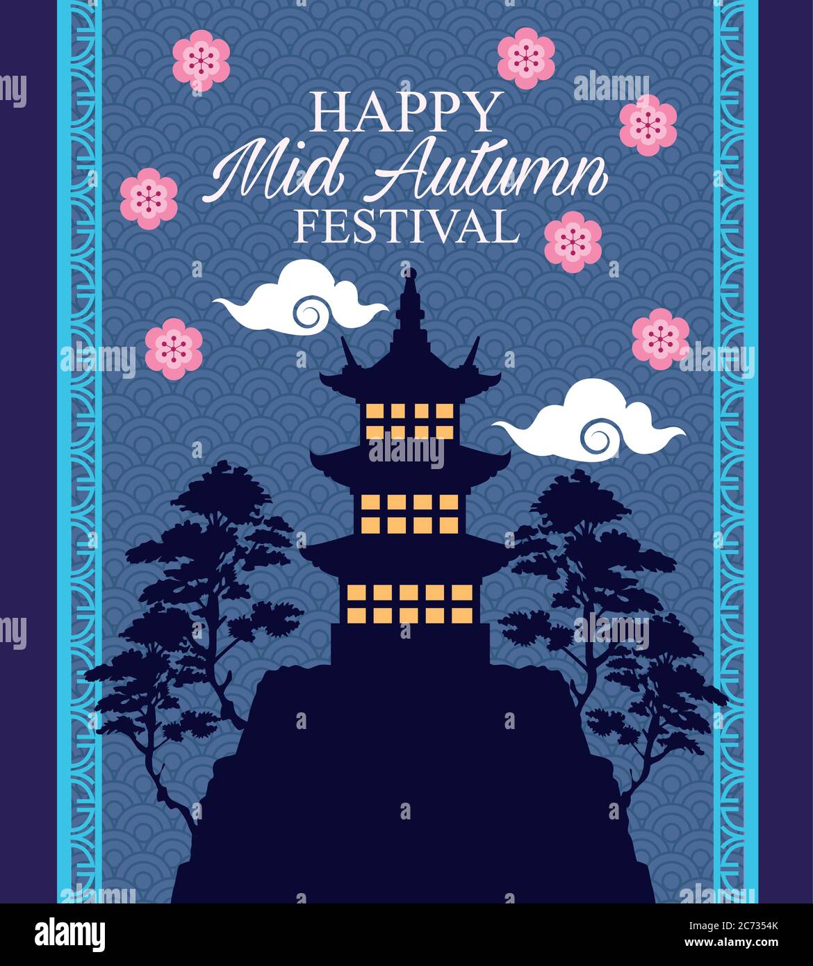 happy mid autumn festival card with castle and flowers vector ...