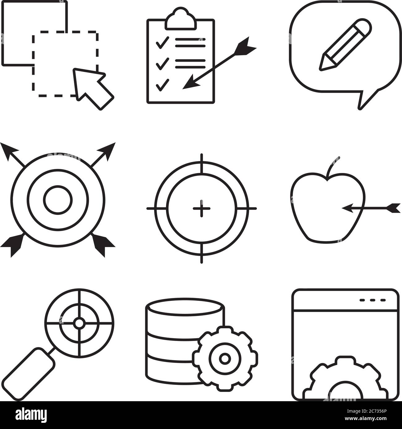 magnifying glass and target icon set over white background, line style ...