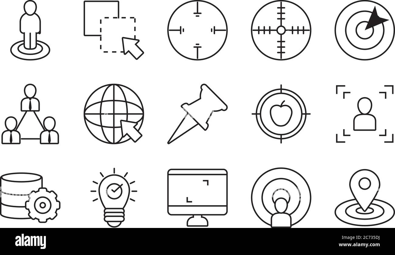 light bulb and target icon set over white background, line style ...