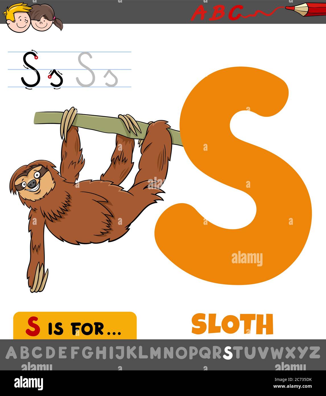 Educational Cartoon Illustration of Letter S from Alphabet with Sloth ...