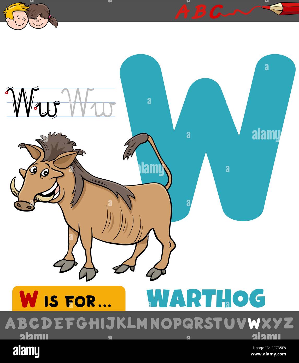 Educational Cartoon Illustration of Letter W from Alphabet with Warthog ...