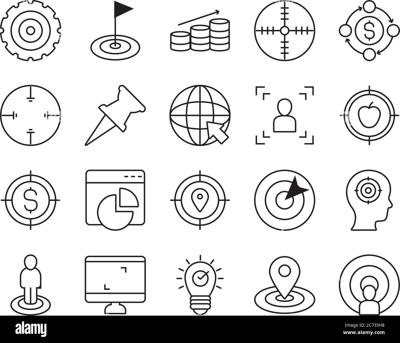 computer and target icon set over white background, line style, vector ...