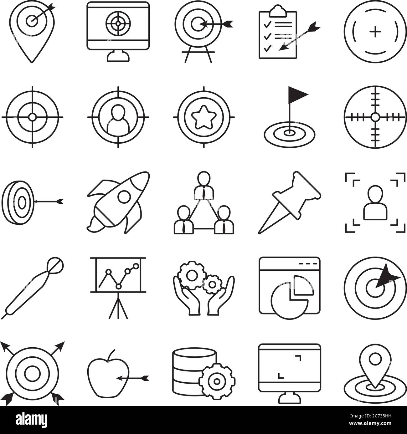 rocket and target icon set over white background, line style, vector ...
