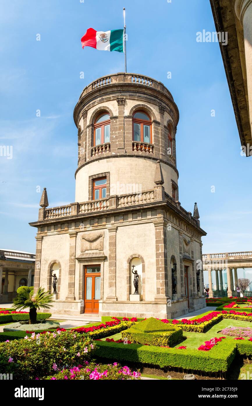 Beautiful gardens and tower with the mexican flag at the alcazar at ...
