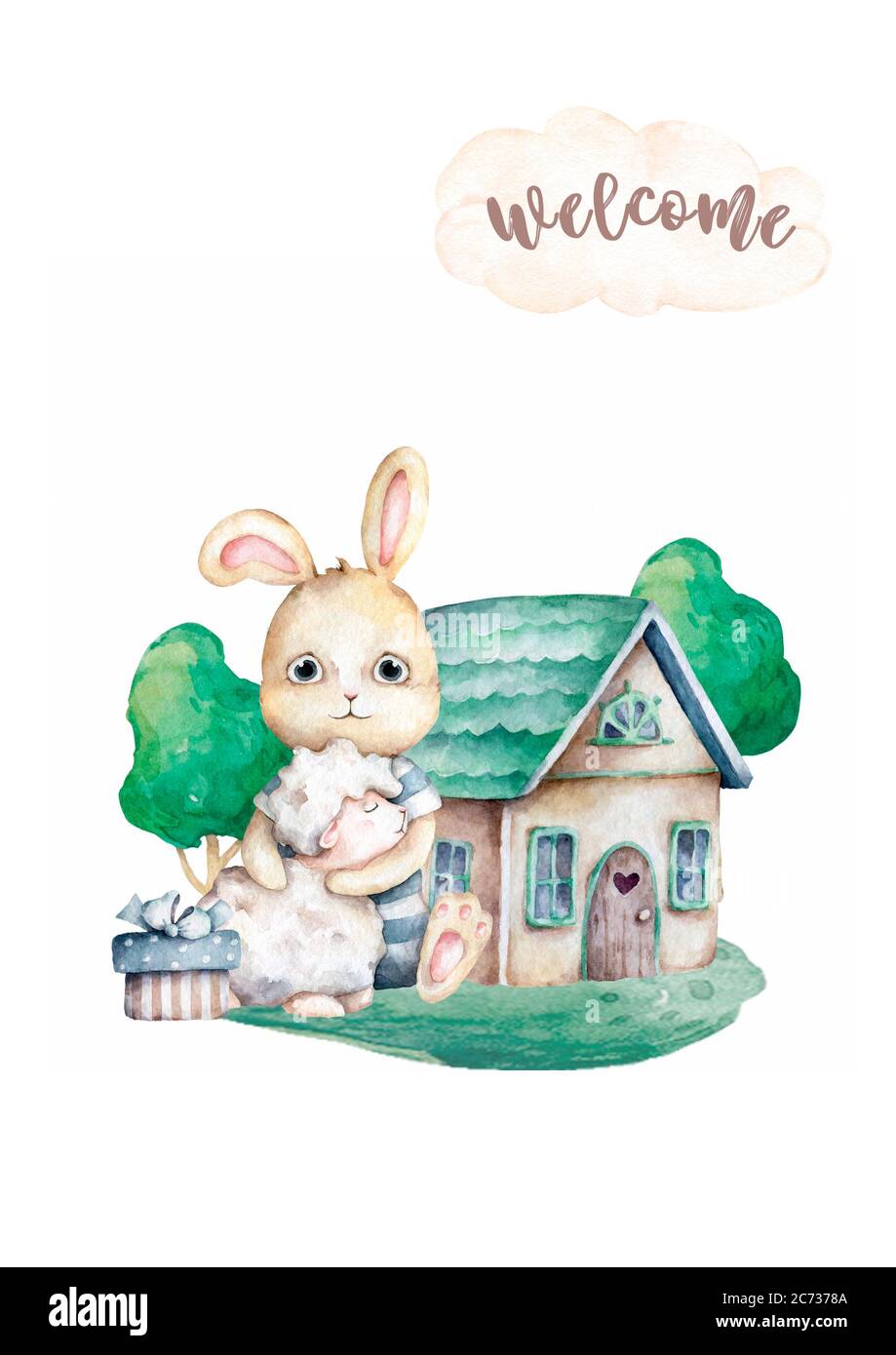 Cute happy birthday card with cartoon Bunny. Watercolor rabbit clip art ...